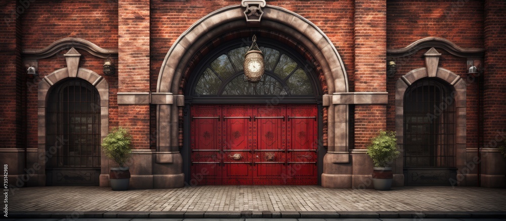 Vintage retro fire station building facade with red gates and brick ...