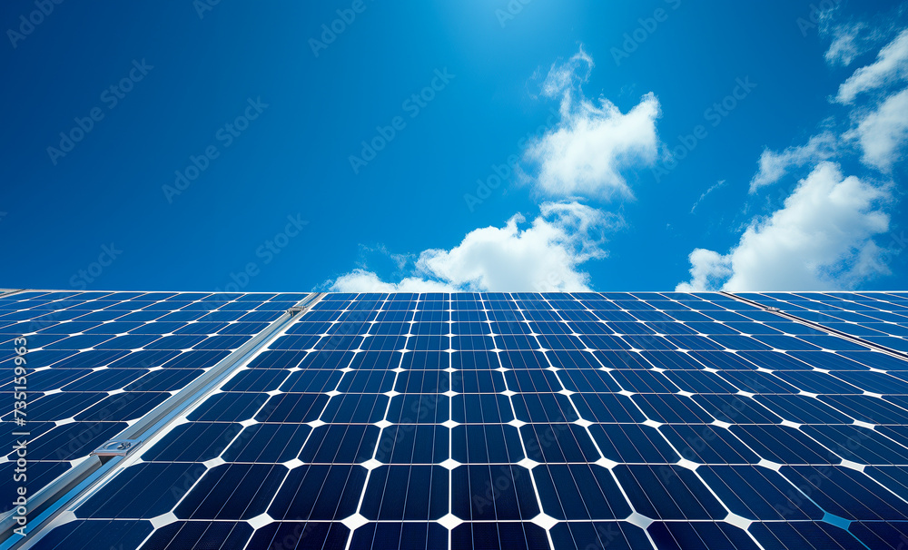Low angle and diagonal view of blue large clean solar panel in front of ...