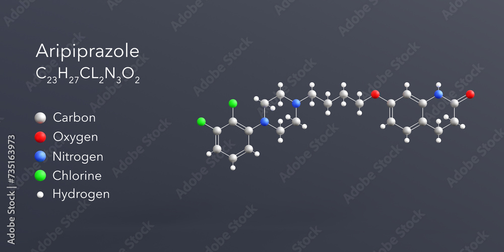aripiprazole molecule 3d rendering, flat molecular structure with ...