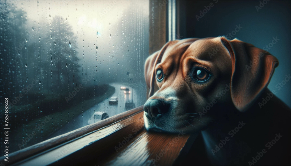 An image of a dog sadly looking out the window on a rainy day. The ...