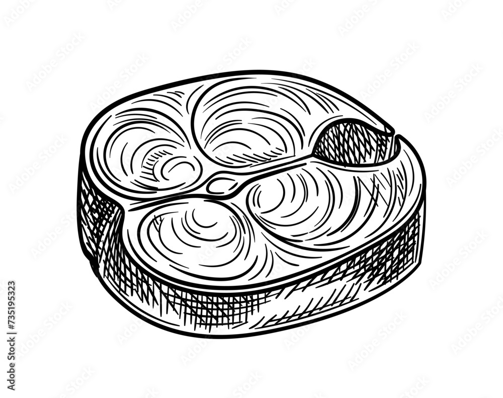 Tuna seafood linear. Hand drawn sketch of fish meat. Healthy eating ...