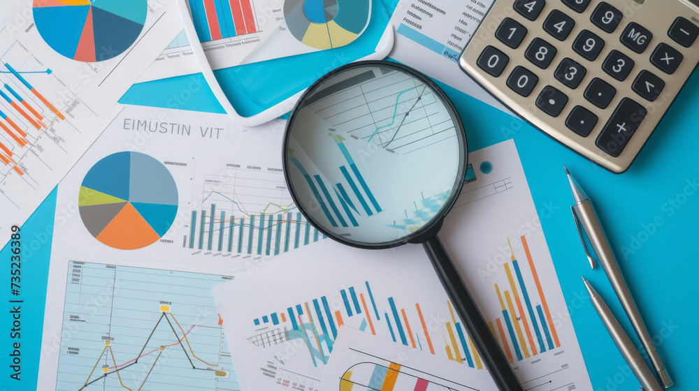 variety of financial documents including charts, graphs, and reports, a ...