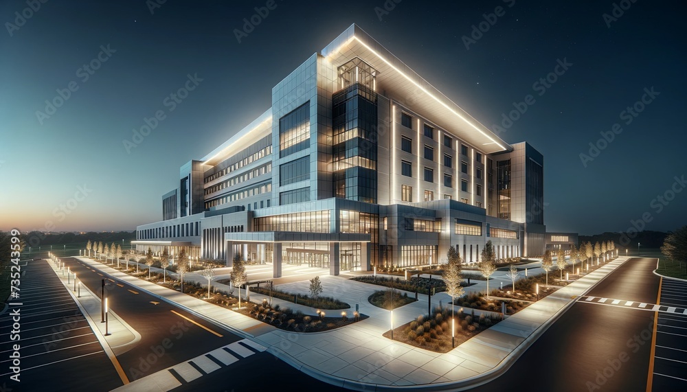 Illuminated Hospital Complex Amidst Twilight Hues and Sprawling ...