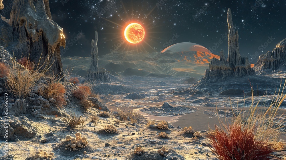 Digital art of a breathtaking alien landscape with an exotic sun ...