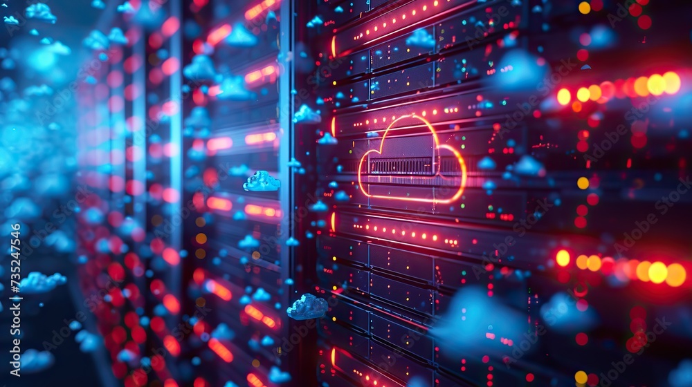 Vibrant neon lights highlight cloud computing icons on server racks within a dynamic, high-tech ...