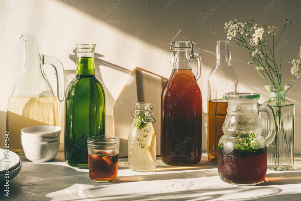 Variety of homemade fermented drinks in the glass bottles and jars ...