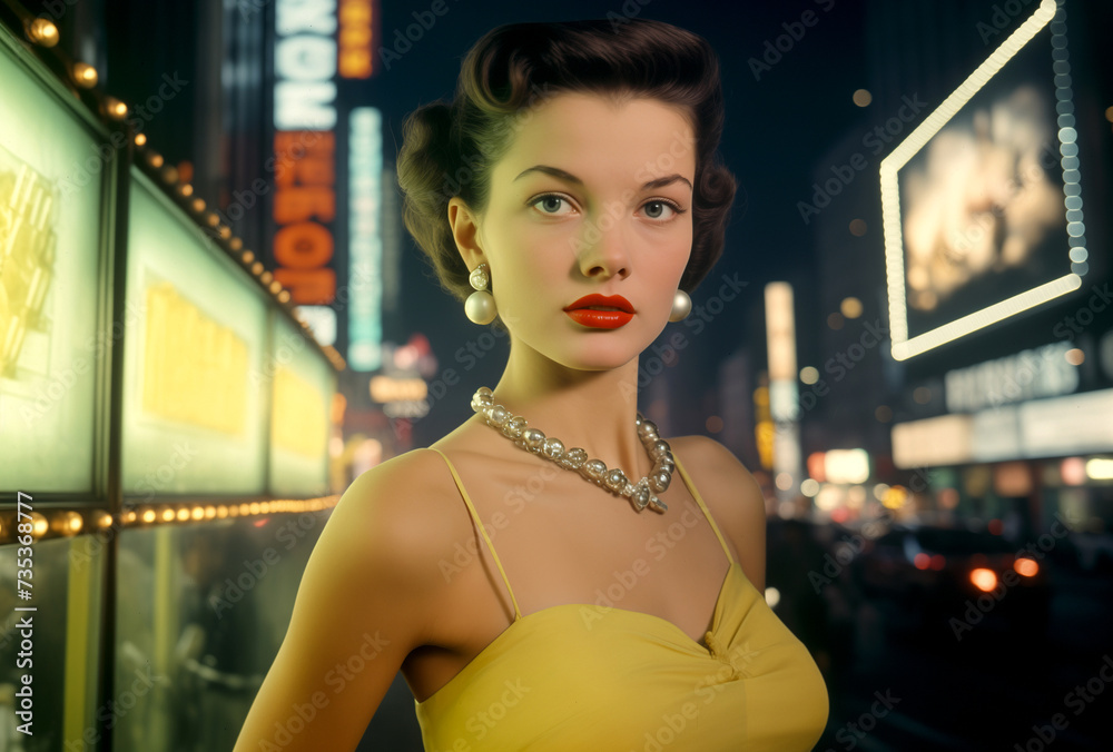 1950's style portrait of a famous hollywood actress in times square NYC ...