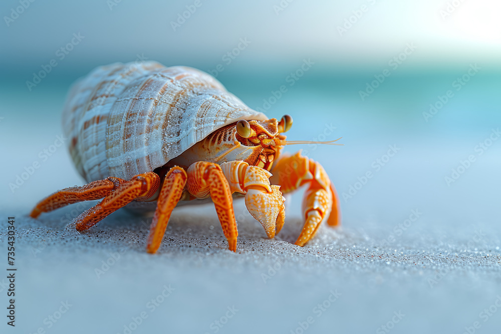 A hermit crab carrying its shell along a sandy beach, highlighting the ...