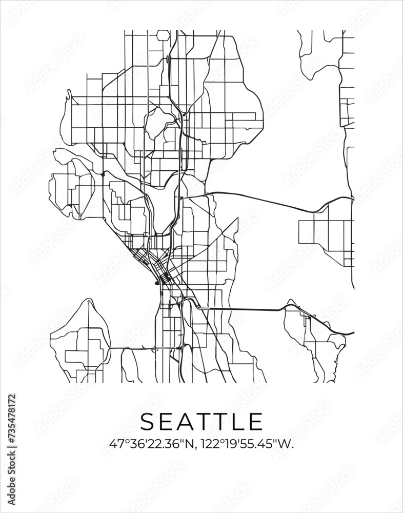 Seattle city map. Travel poster vector illustration with coordinates ...