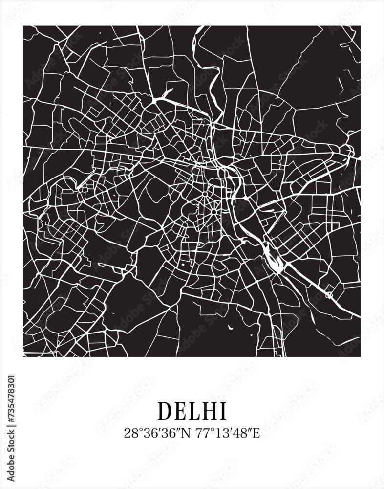 Delhi city map. Travel poster vector illustration with coordinates ...