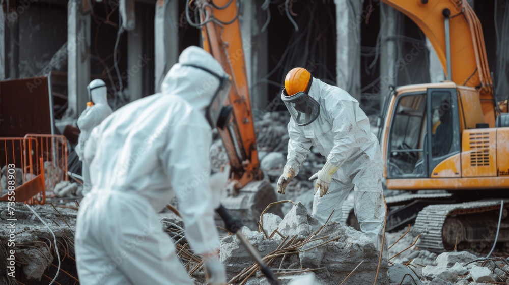 A crew in full protective gear carefully removing asbestos and other ...