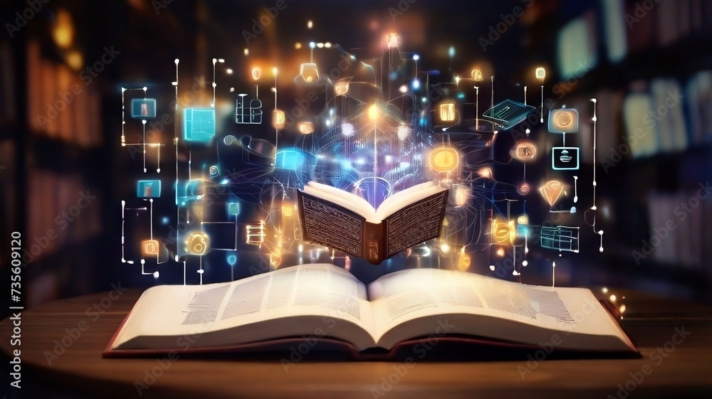 Digital books opening with AI elements showing AI in education. Integration of AI in ...