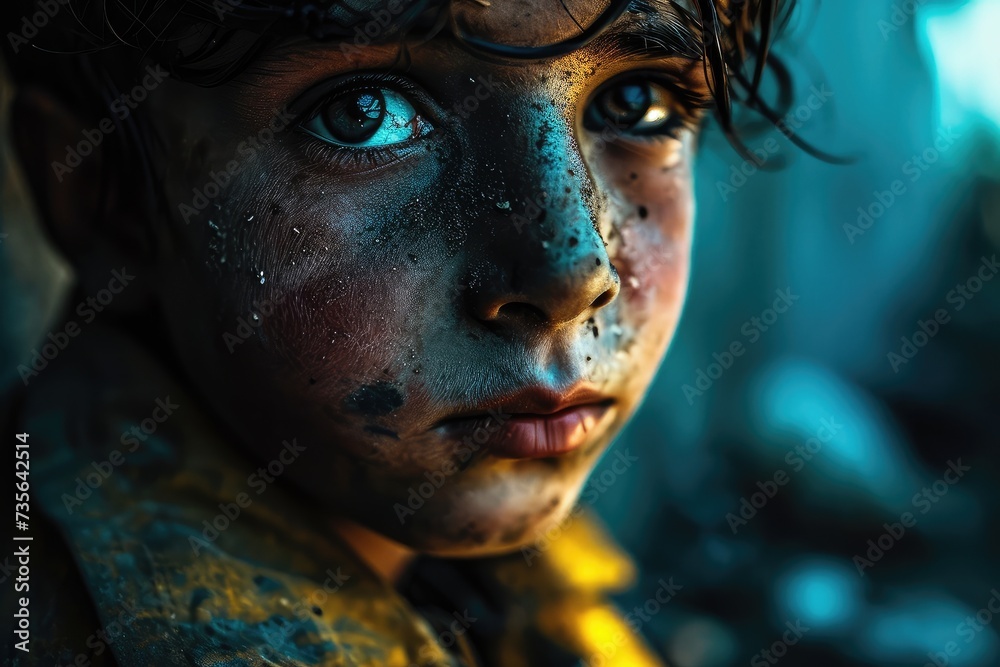 Poor starving hungry orphan boy in a refugee camp. Dirty and poverty ...