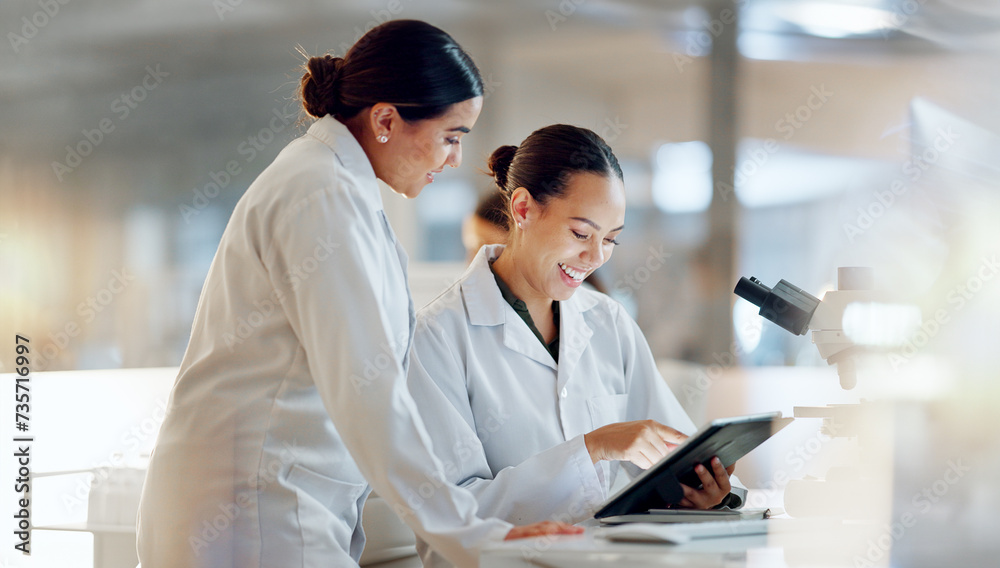 Scientist, women and teamwork on tablet and computer for laboratory ...