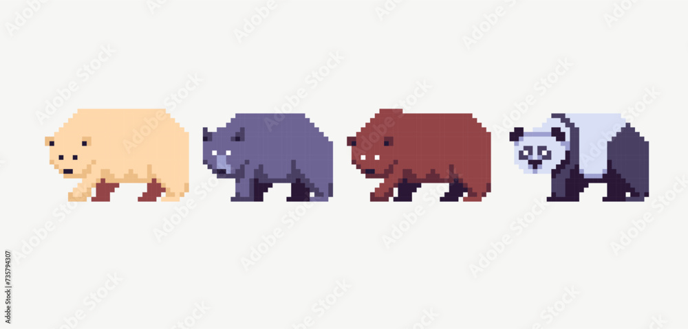 Bear species pixel art set. Grizzly, panda, polar collection. 8 bit ...