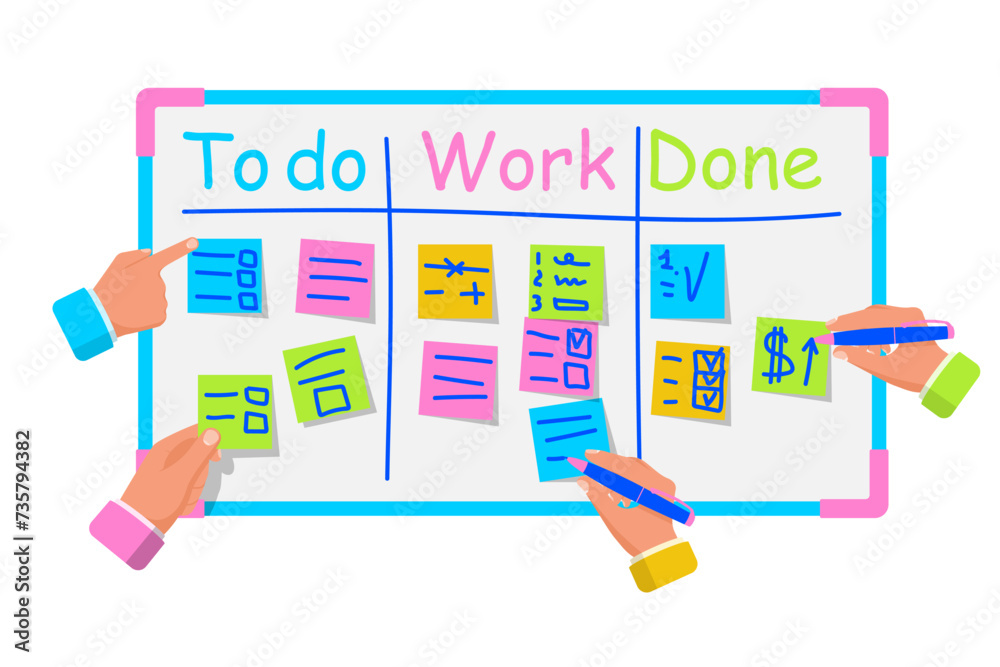 Vector de Stock Kanban board with color sticky notes. Writing Hands ...