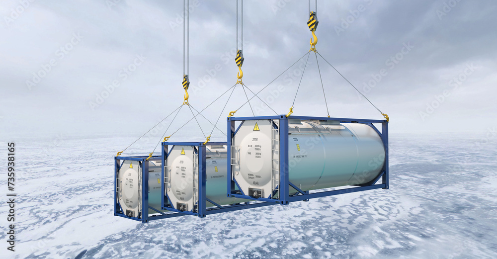 3 tank containers suspended on cables from cranes against the sky. Idea ...