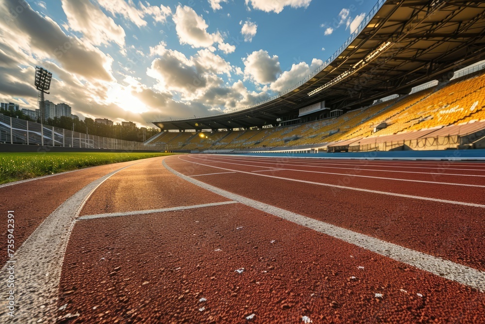 Red running track at the track and field stadium, low angle. The rough ...