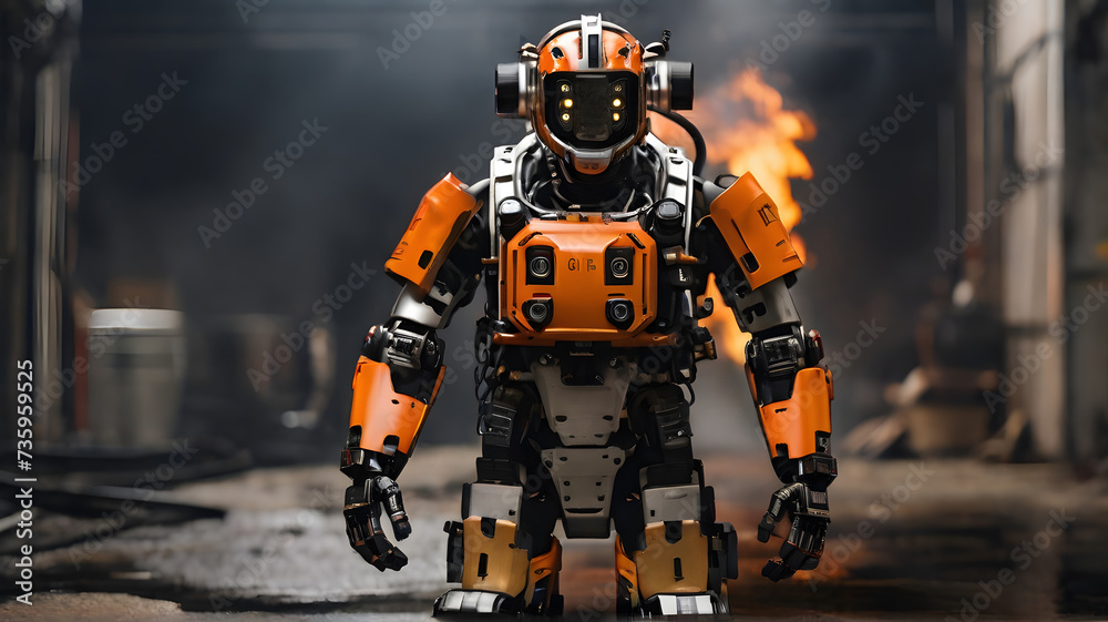 A robot firefighter equipped with AI sensors and tools to navigate and ...