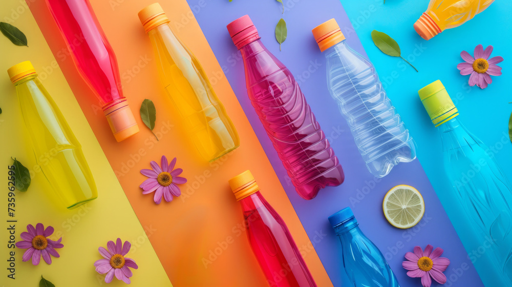 Background texture of diverse colorful empty plastic bottles and packs ...