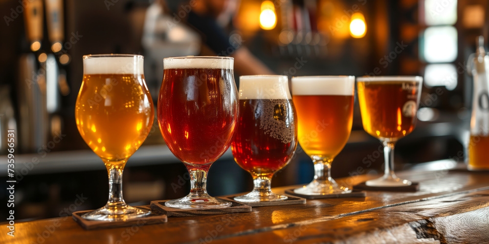Assortment of different craft beers in various glasses on bar counter ...