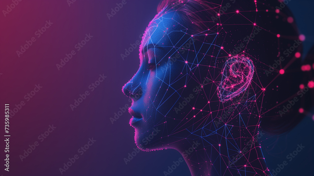 humanoid head, where the neural network is visualized as a radiant neon ...