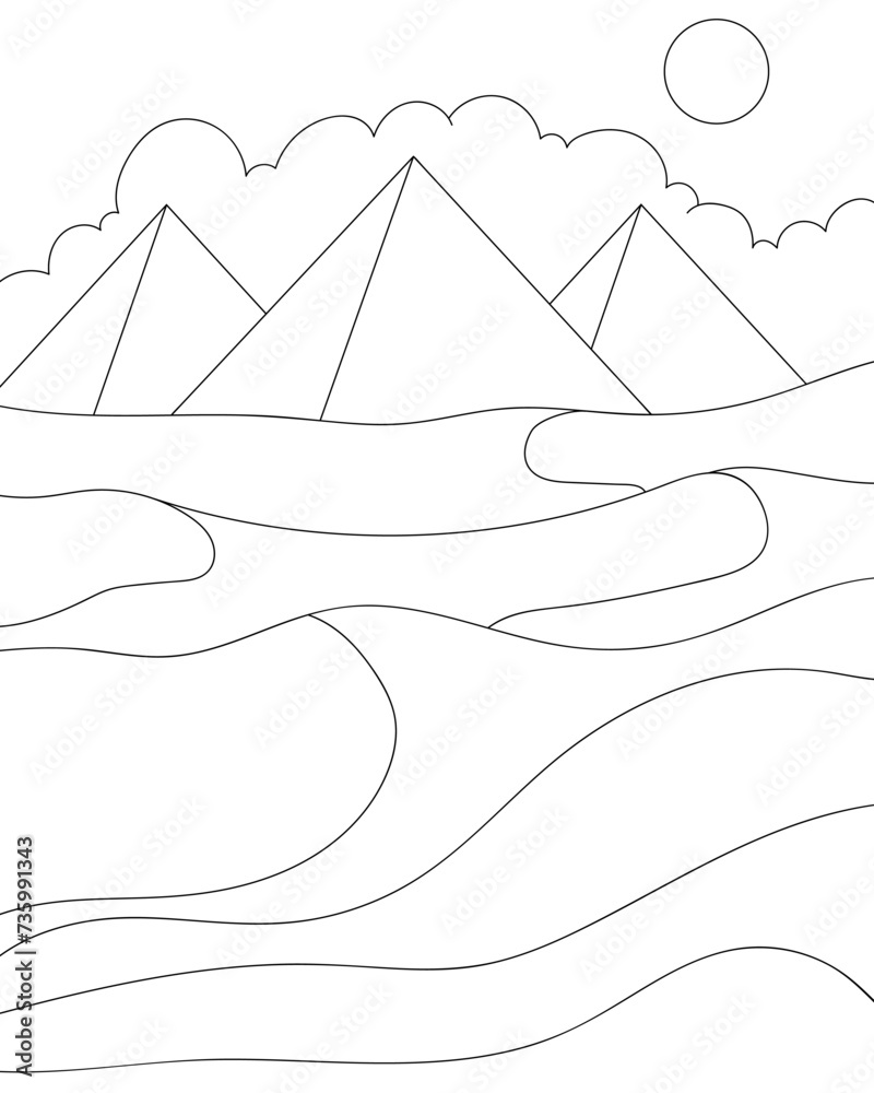 Desert and pyramids. Egyptian background. Coloring page, icon, black ...