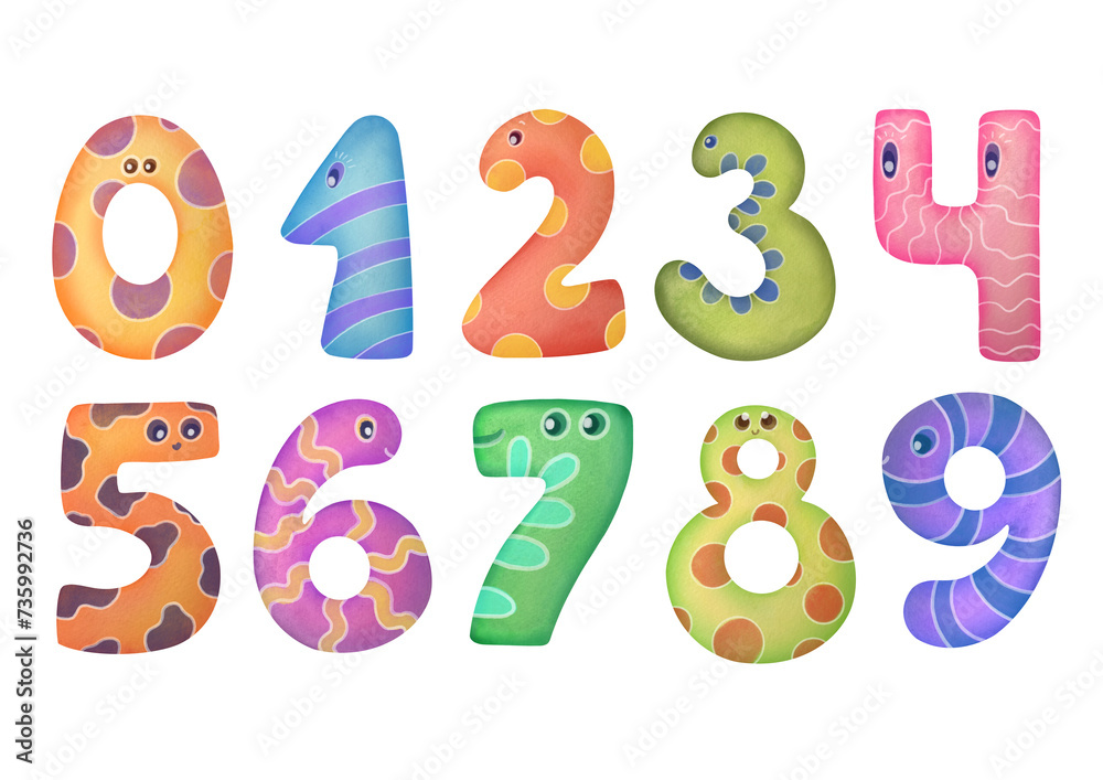Watercolor numbers from 1 to 0 collection. Figures with eyes that look ...