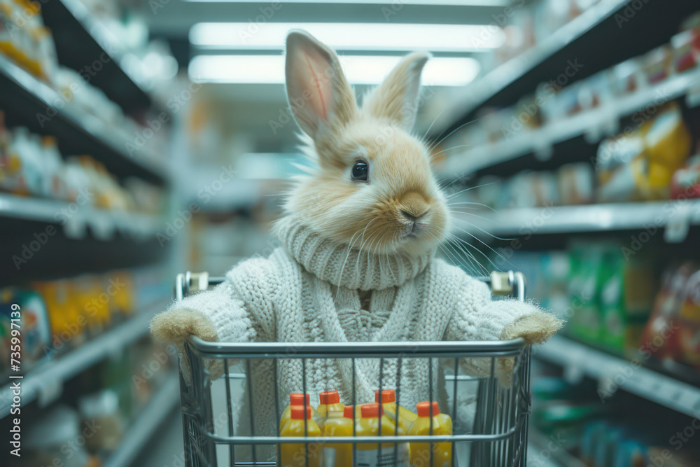 Cute Bunny with a Food Cart at the Supermarket: Adorable, Fluffy and ...