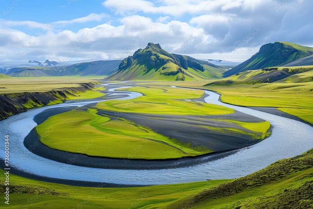A vibrant photo of a meandering river cutting through a valley ...