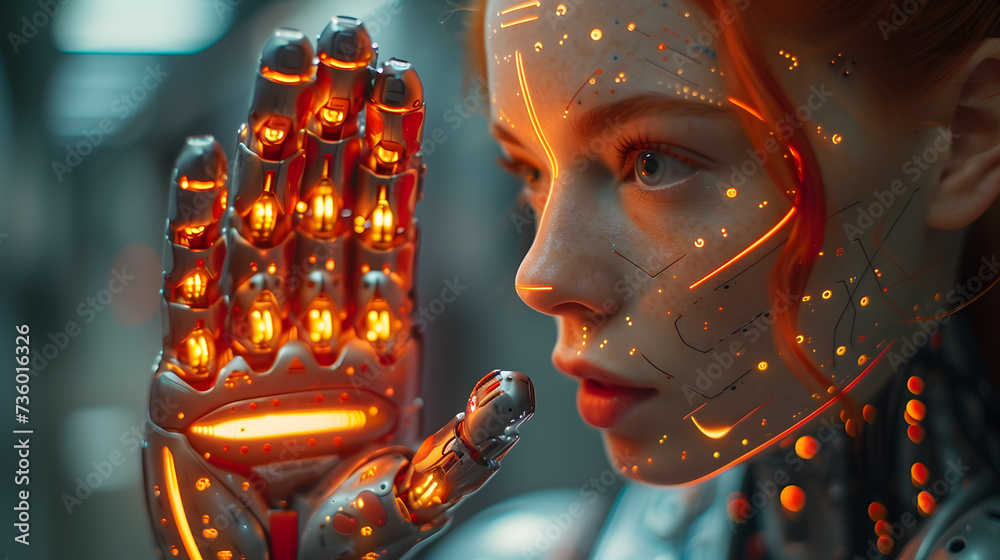 Futuristic Female Cyborg in Robotic Suit, Humanoid Beautiful Woman ...