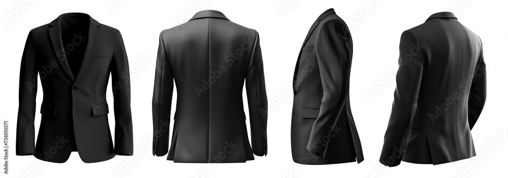 Set of Black, front back side view, business collar suit blazer jacket ...