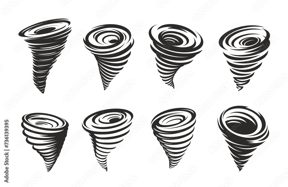 Tornado whirlwind or cyclone vortex and hurricane twirl twister with ...