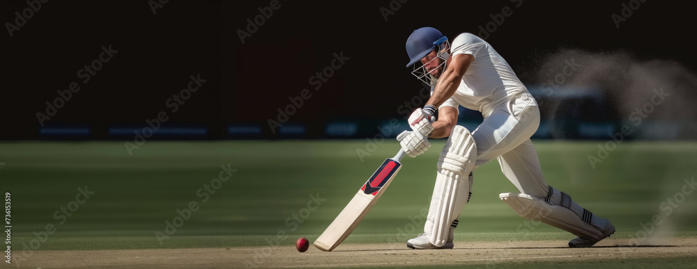 Cricket player in white uniform in motion, playing, hitting ball with ...