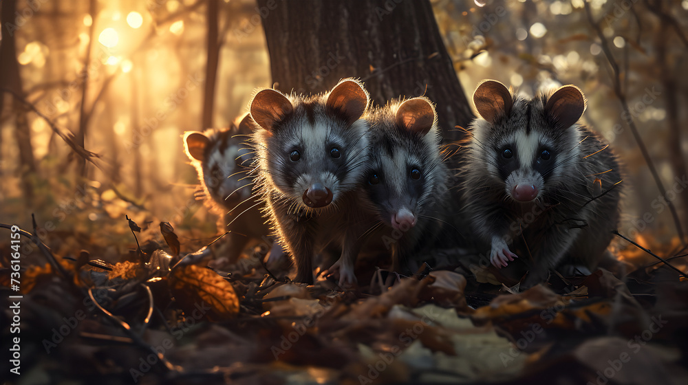 Opossum family in the forest with setting sun shining. Group of wild ...