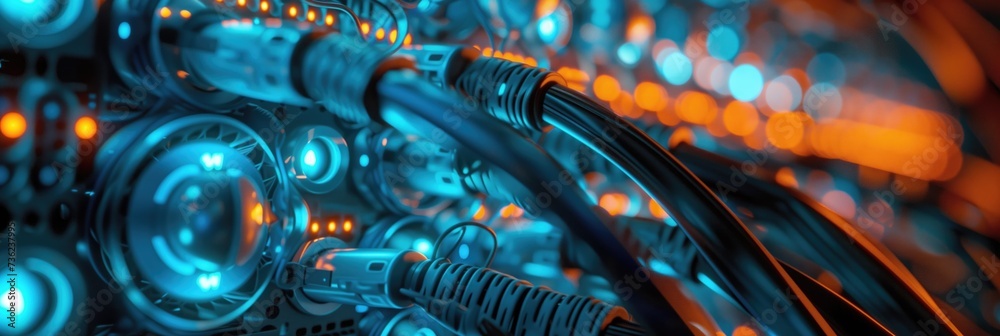Blue and orange glowing data storage server room with switchboard ...