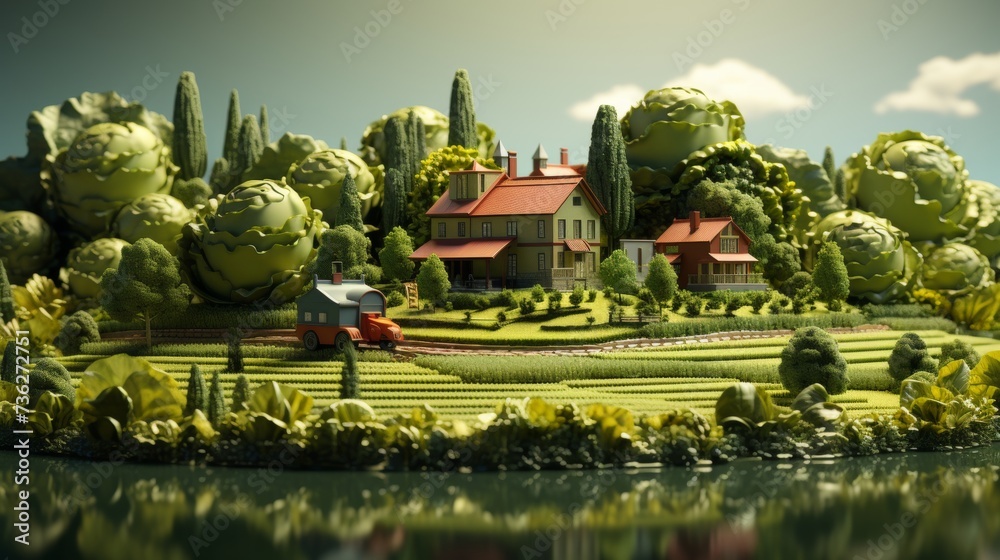 In this 3D illustration, a tractor is harvesting crops on a piece of ...