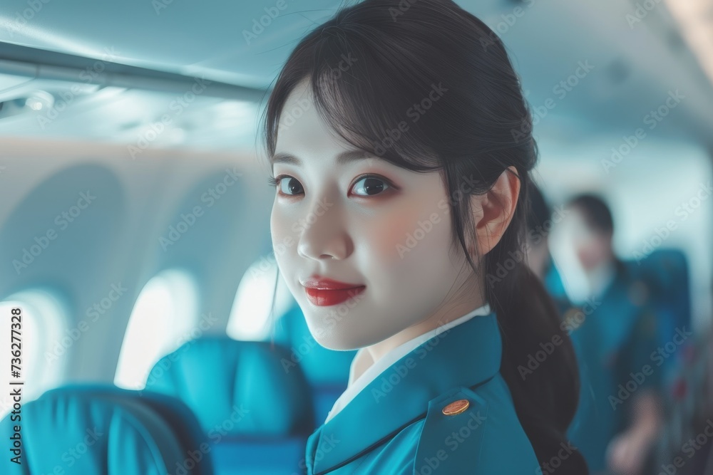 Attractive female flight attendants ensure passenger safety before ...