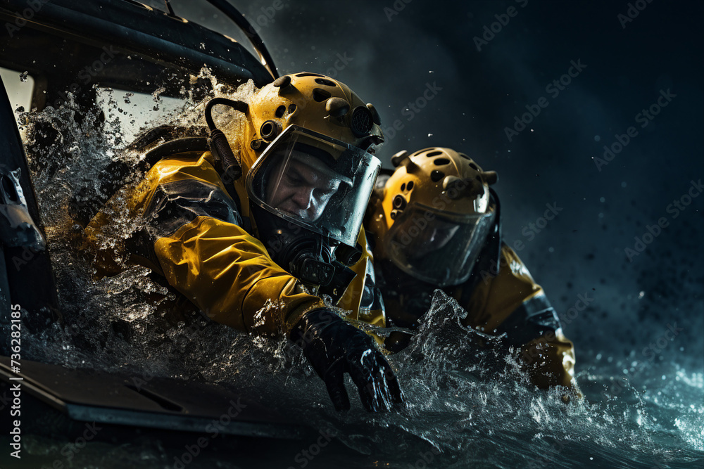 Search and rescue team extricating a person from a collapsed car rescue ...