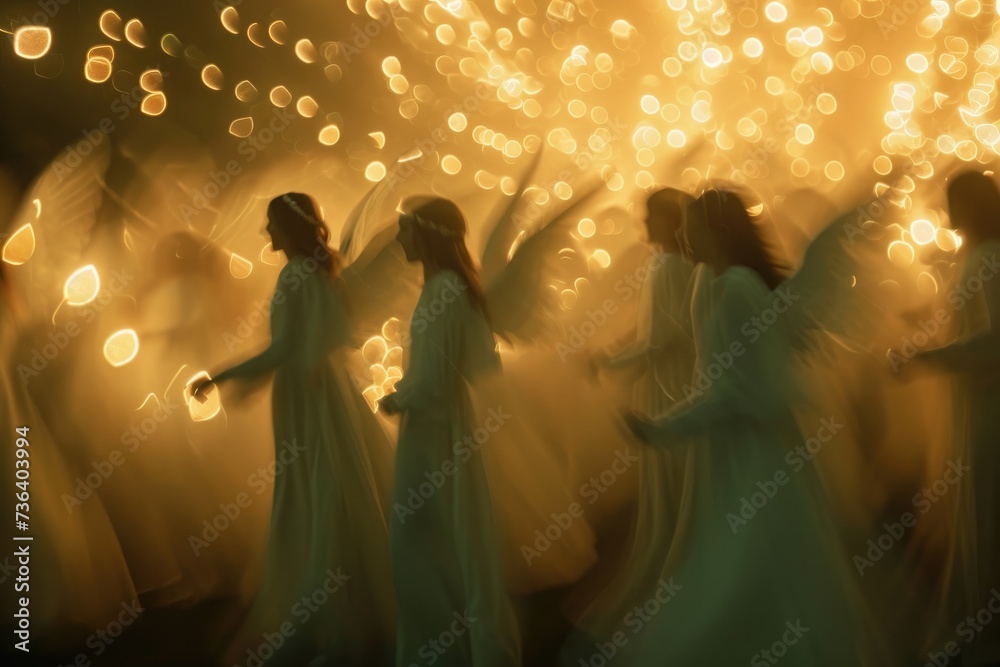 A group of women wearing white dresses walks in front of a vibrant ...