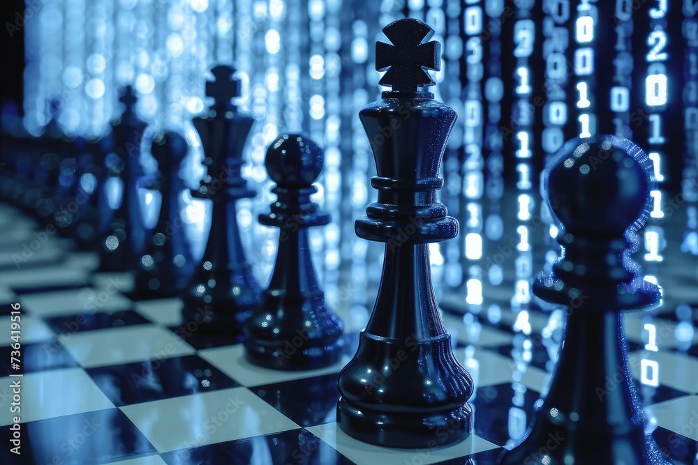 A photo of a chess set with black and white pieces arranged on a chess ...