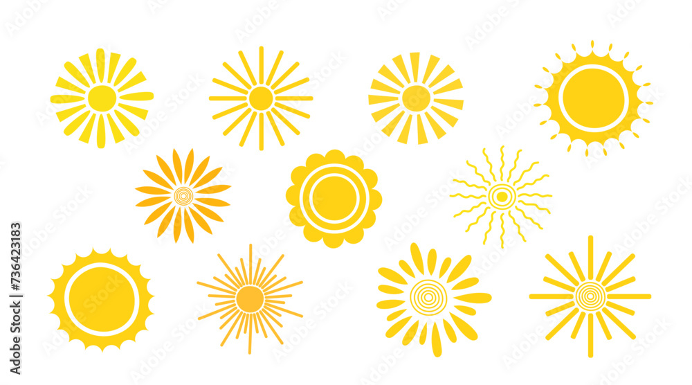 Simple yellow suns set vector flat illustration with round shape middle ...