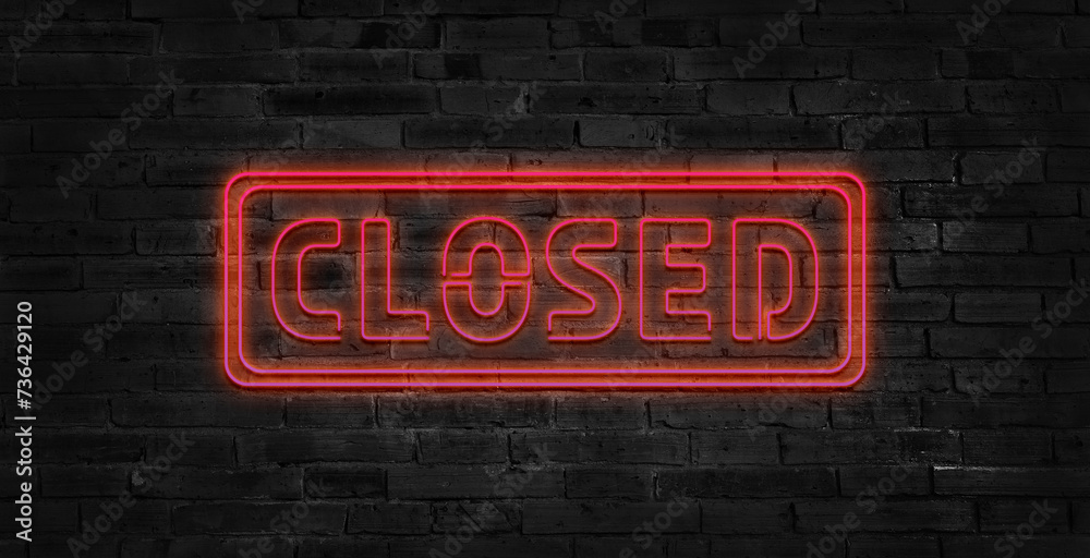 Glowing neon Closed sign with magic sparkles on dark red background ...