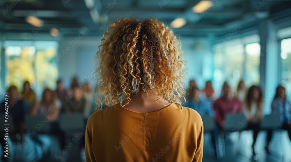 Rear view of a female speaker with curly hair facing a diverse audience ...