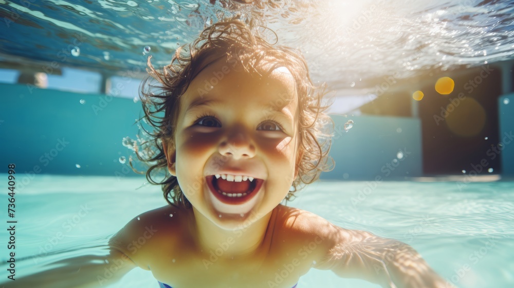 Cute smiling child having fun swimming and diving in the pool at the ...