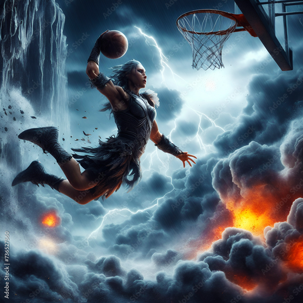 Fantastic basketball player slam dunk the ball into basket. Fantasy ...