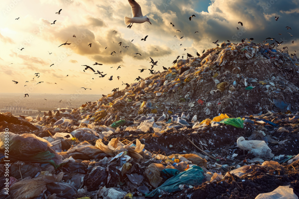 landfill overflowing with garbage. The garbage is piled high, and there ...