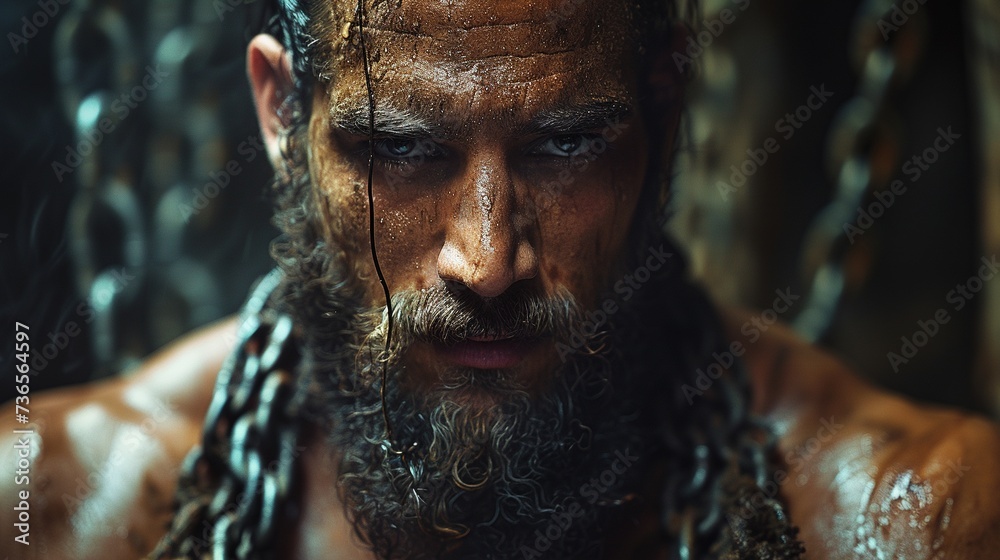 Strongest man Samson chained to the two pillars, Bible story. の Stock ...