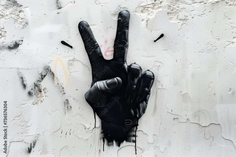Grunge graffiti on a wall with two fingers painted in black. Spray ...