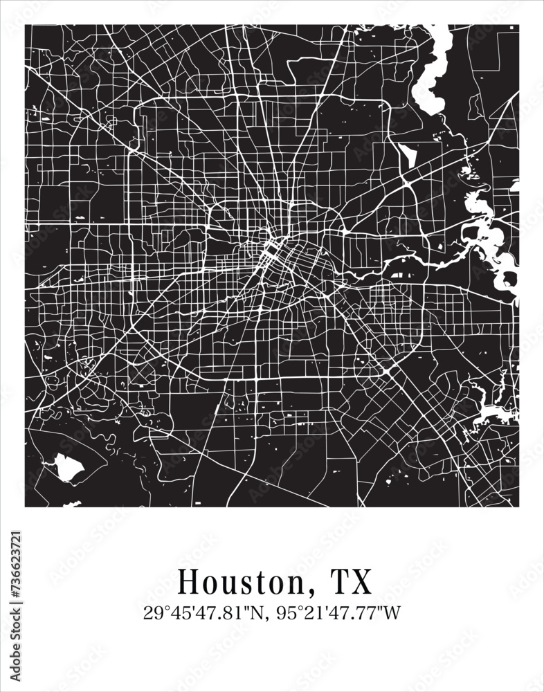 Houston city map. Travel poster vector illustration with coordinates ...
